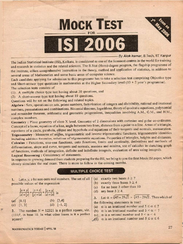 ISI - B.stat. & B.math Practice Papers MTG | PDF