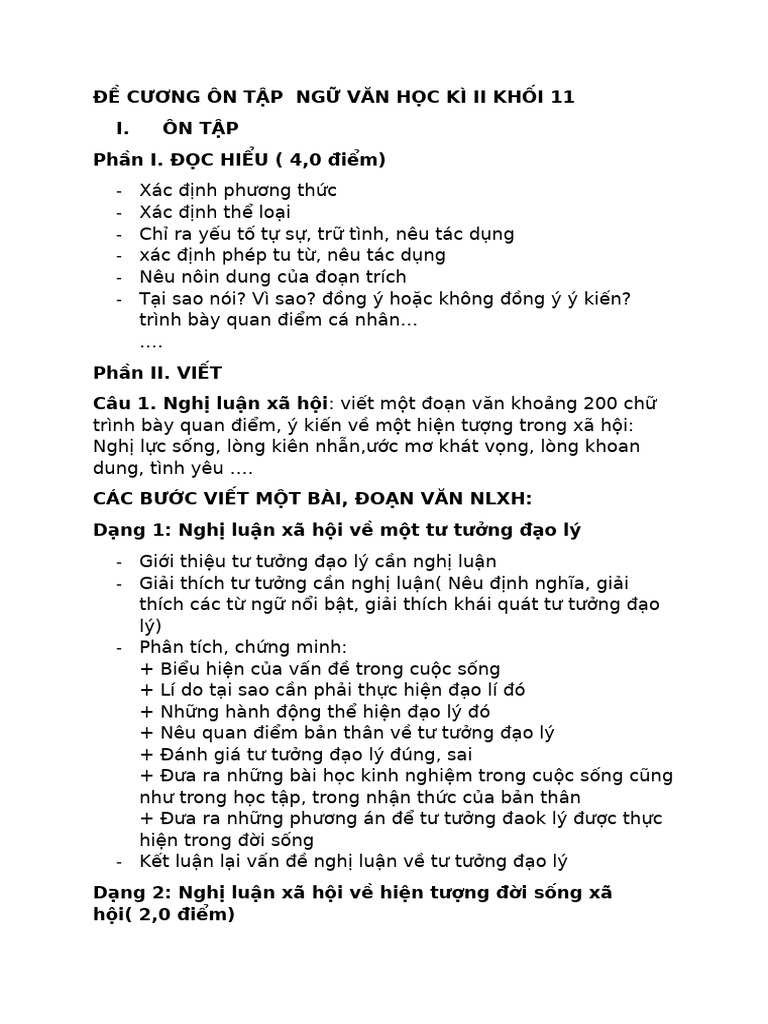 Đề Cương Ôn Tập Ngữ Văn Học Kì Ii Khối 11 | PDF