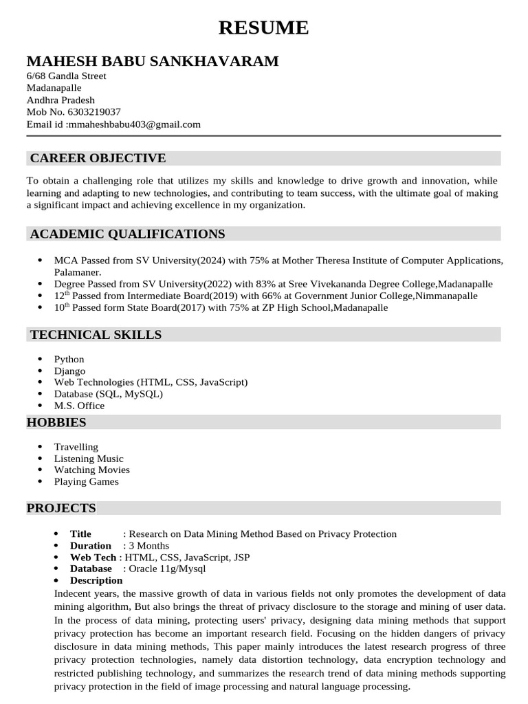 MB Resume | PDF | Databases | My Sql