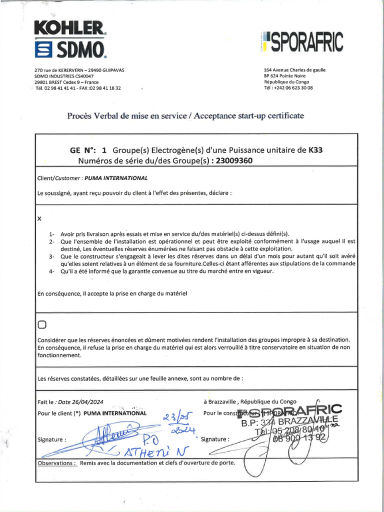 PV de Mise en Service GE SDMO | PDF