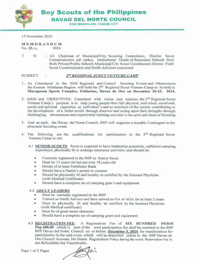 Memorandum No. 23 S. 2024 BSP 2nd Regional Scout Venture Camp | PDF