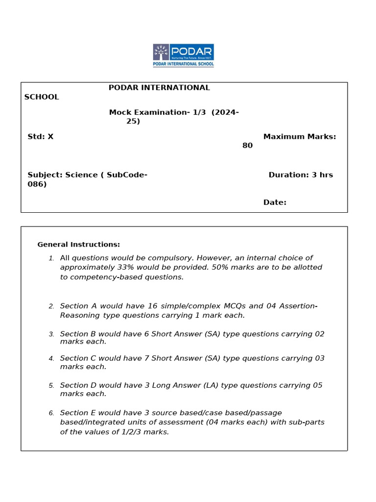 Mock 1 STD X QP Cbse QP | PDF | Multiple Choice | Physics