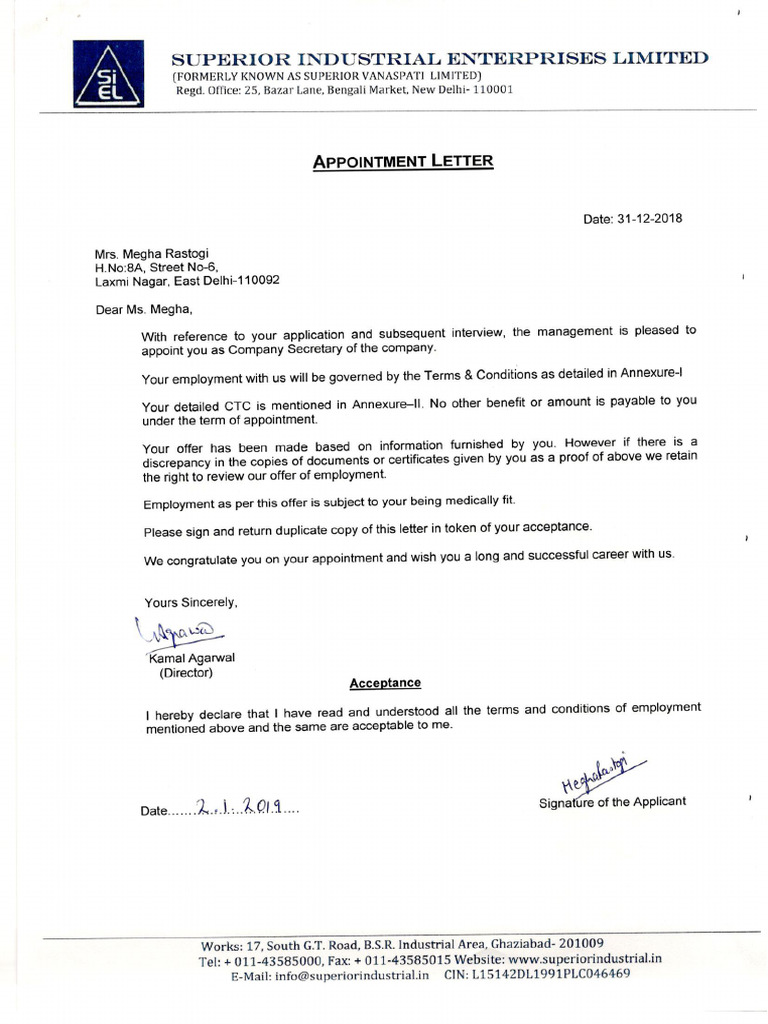 Appointment Letter Megha Rastogi | PDF