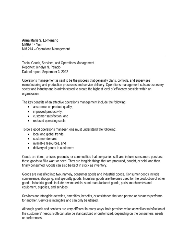 1 - Goods, Services, and Operations Management (LOMENARIO, ANNA MARIE, S.) | PDF