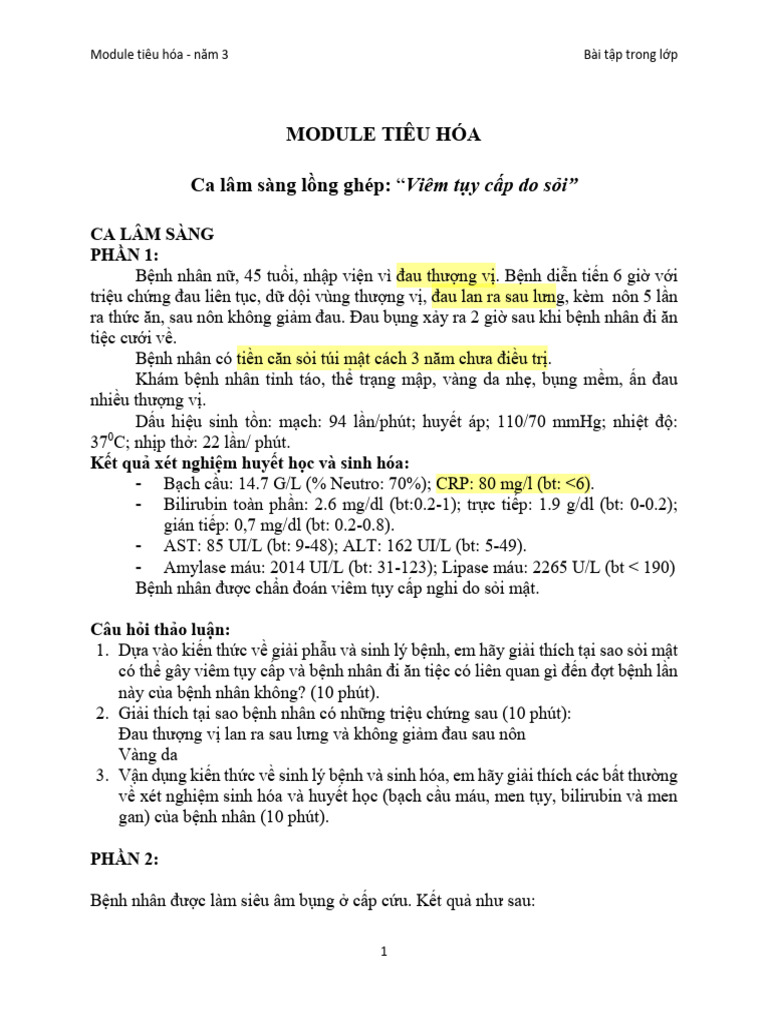 (Tiêu Hoá) Case 4 Viêm tụy cấp do sỏi Y19 | PDF
