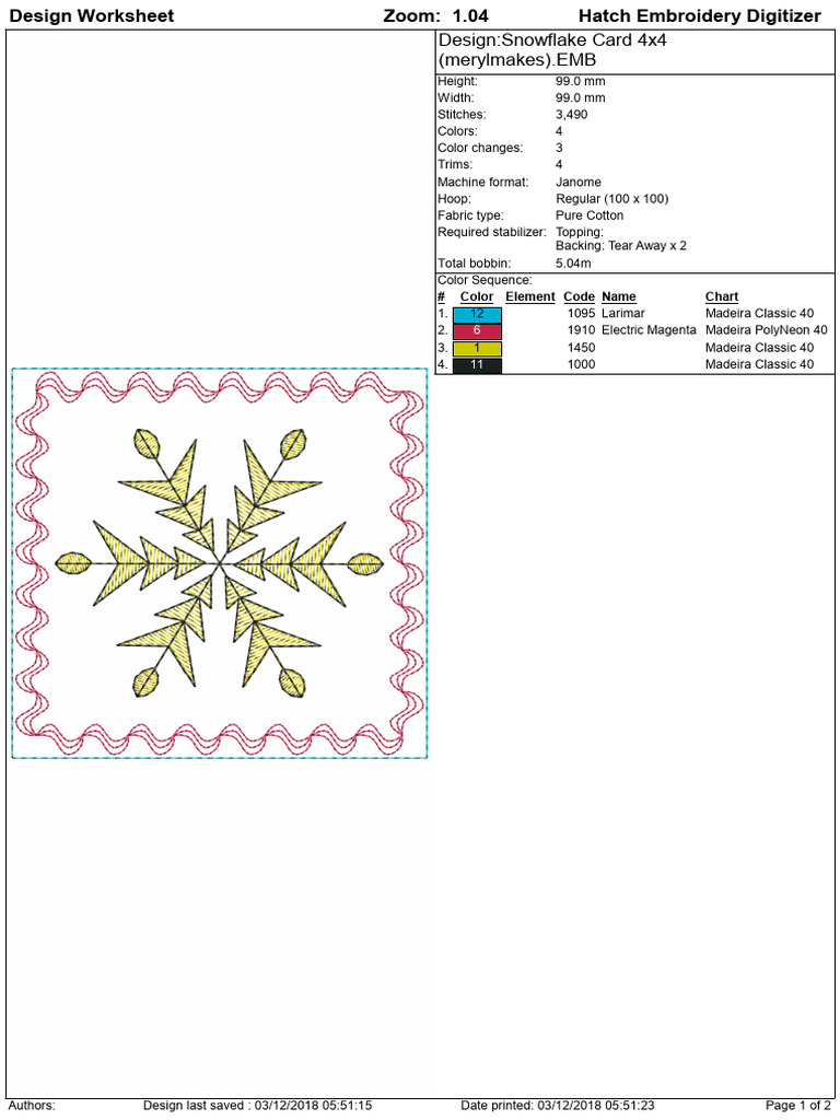 Snowflake Card-Meryl Robinson-4x4 Design Overview | PDF | Embroidery ...