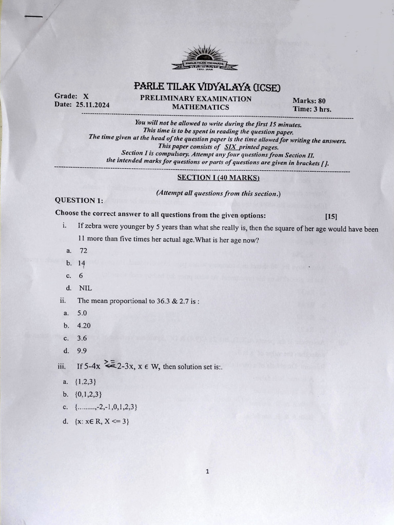 Parle Tilak Vidyalaya (ICSE) First Preliminary Examination, 2024 | PDF | Qualifications ...