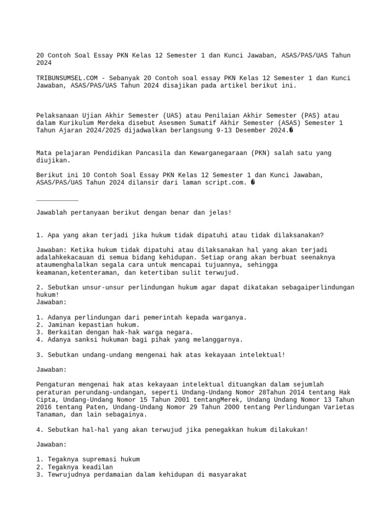 20 Soal Essay PKN Kelas 12 Semester 1 | PDF | Politik | Hukum