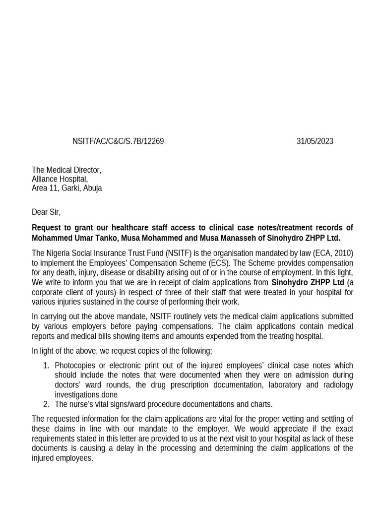 NSITF Request for Medical Records Access | PDF
