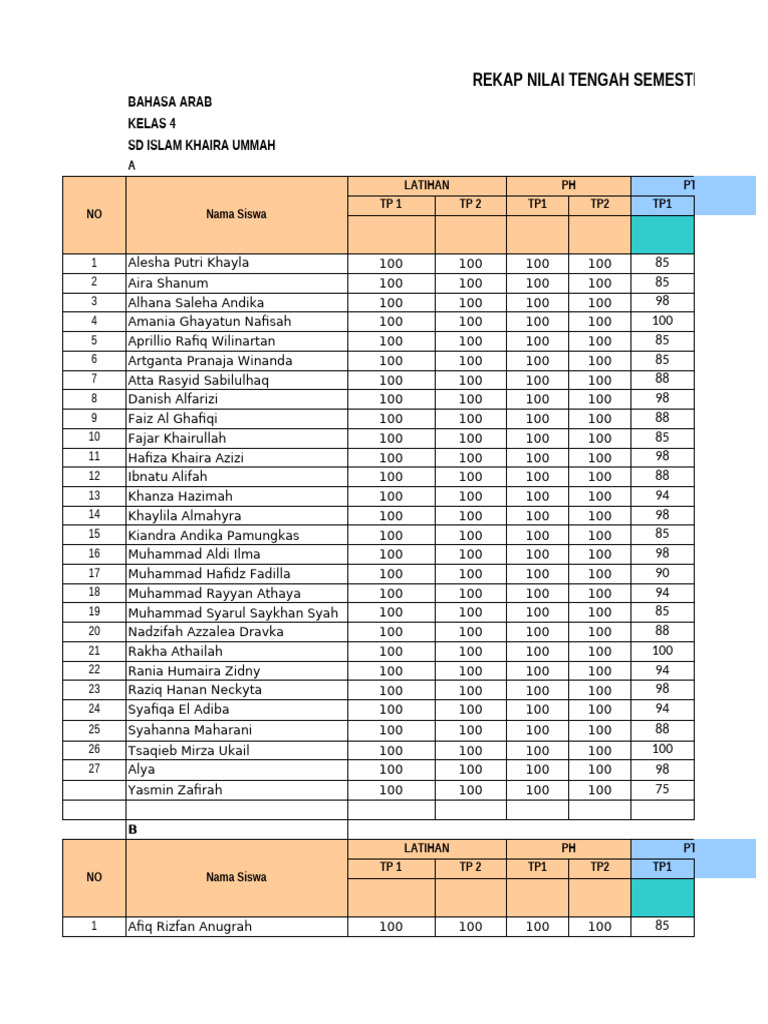 Rekap Nilai PH Dan Pts Bhs Arab Ok | PDF | Microsoft Excel | Office Suites