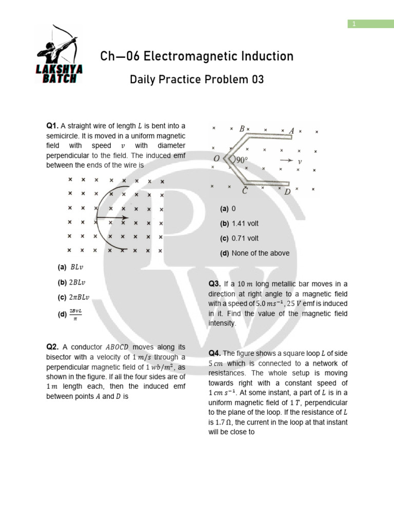 Electromagnetic Induction DPP 03 (Of Lect-04) | PDF | Electromagnetic Induction | Magnetic Field