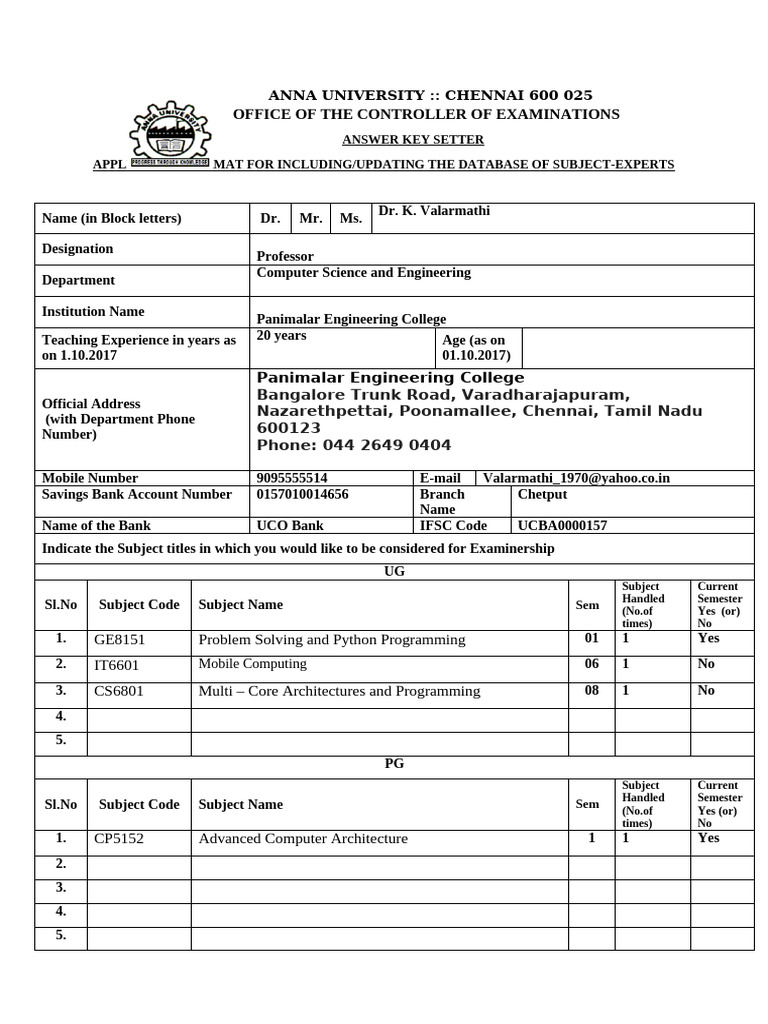 Anna University Subject-Expert Application | PDF | Computing | Computer ...