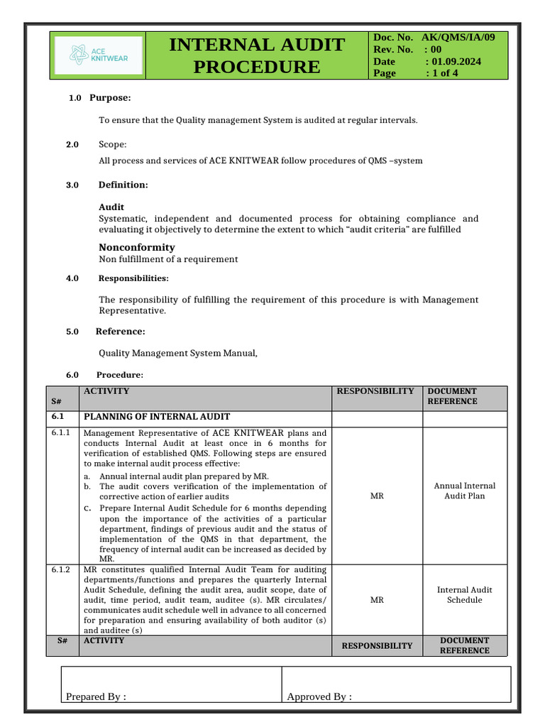 09 Sop Internal Audit Procedure | PDF | Audit | Internal Audit