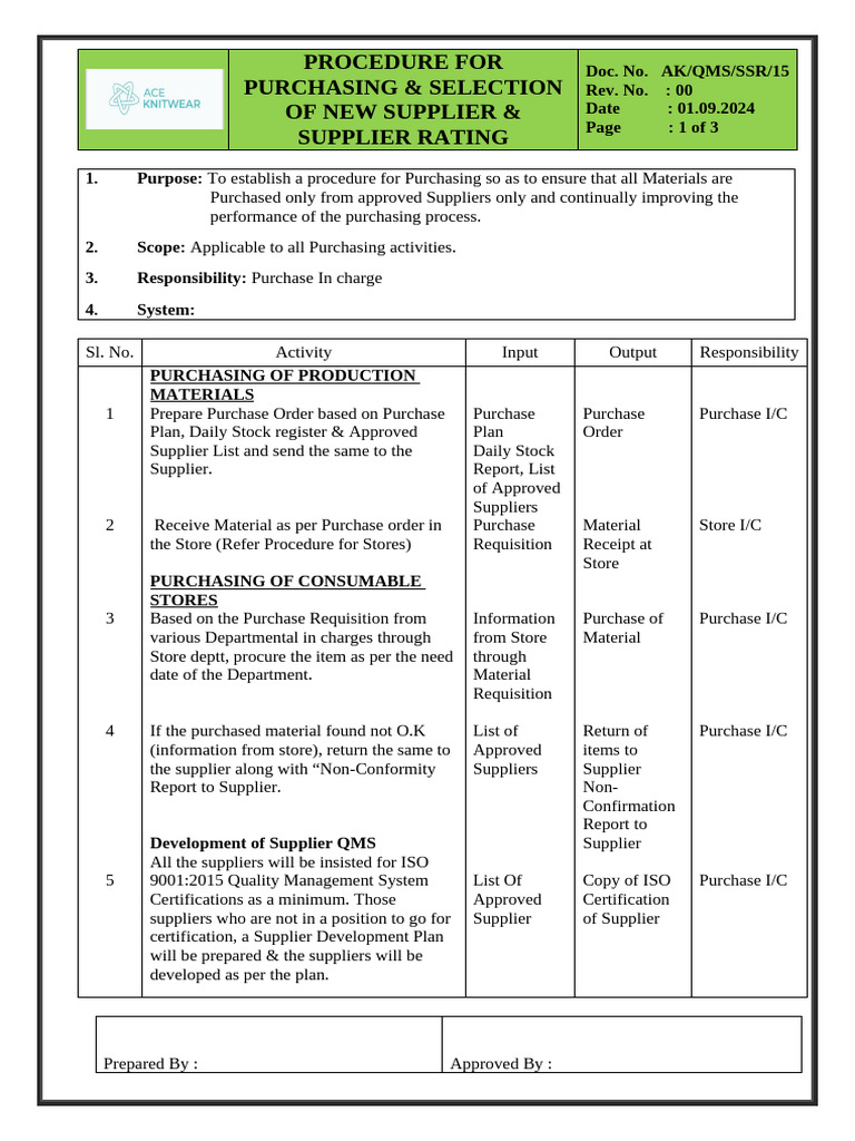 15 Sop Purchasing & Selection of New Supplier & Supplier Rating | PDF ...