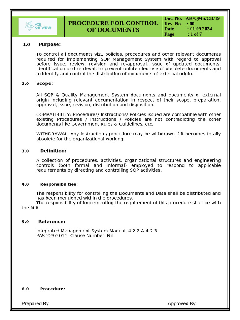 19 Sop For Control of Documents | PDF | International Organization For ...