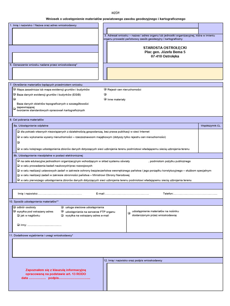 Wniosek o Udostepnienie Materialow Powiatowego Zasobu Geodezyjnego I Kartograficznego | PDF