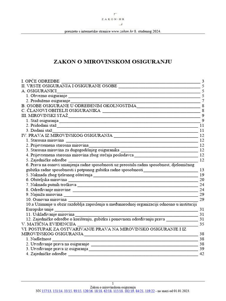 Zakon o Mirovinskom Osiguranju (11-2024) | PDF