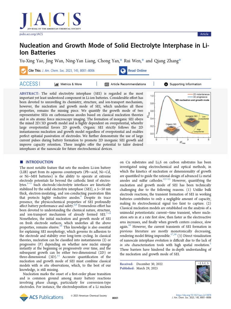 Yao Et Al 2023 Nucleation and Growth Mode of Solid Electrolyte Interphase in Li Ion Batteries ...