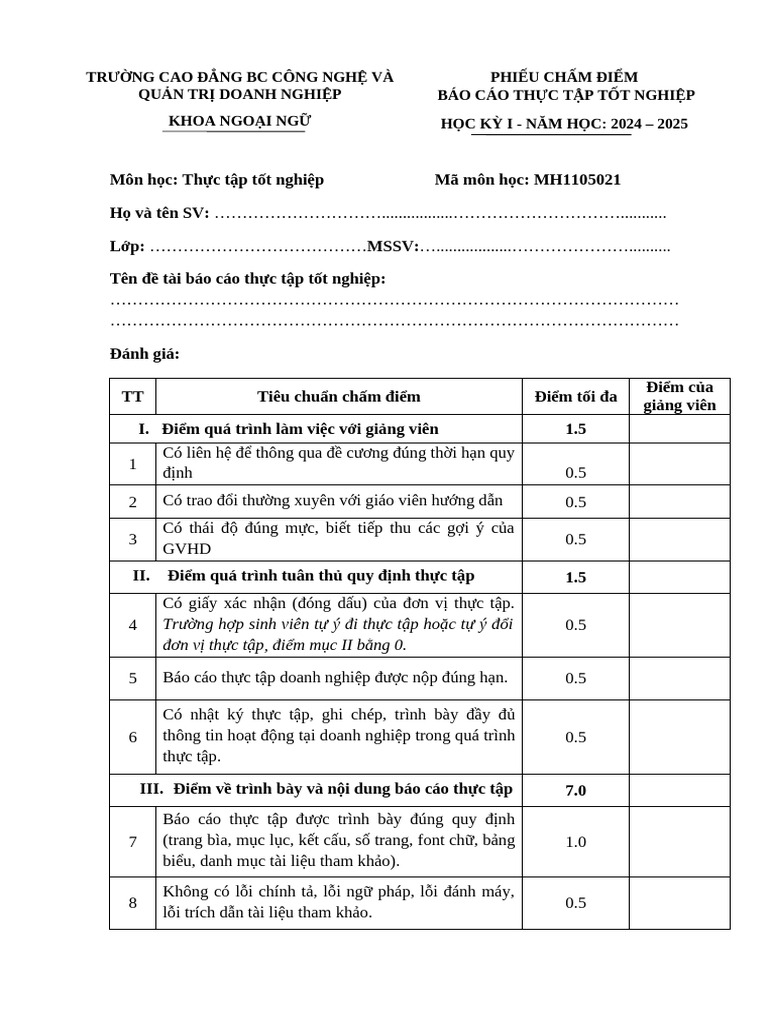 PHIẾU CHẤM ĐIỂM | PDF