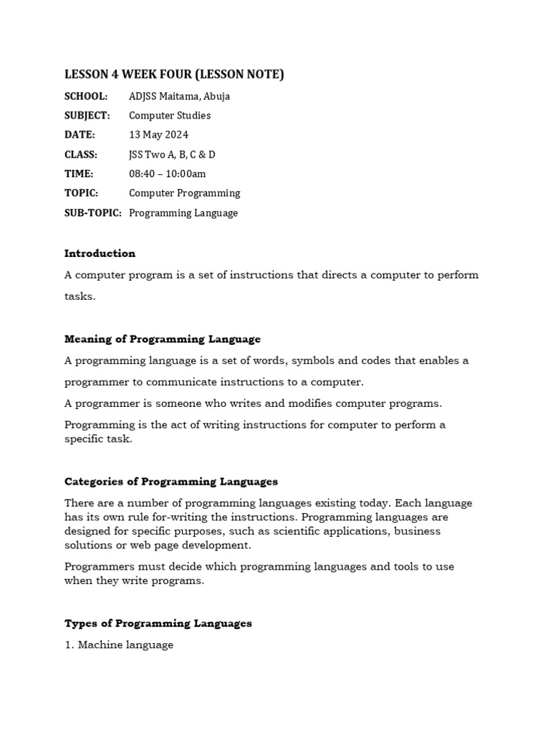 Understanding Programming Languages in JSS2 | PDF