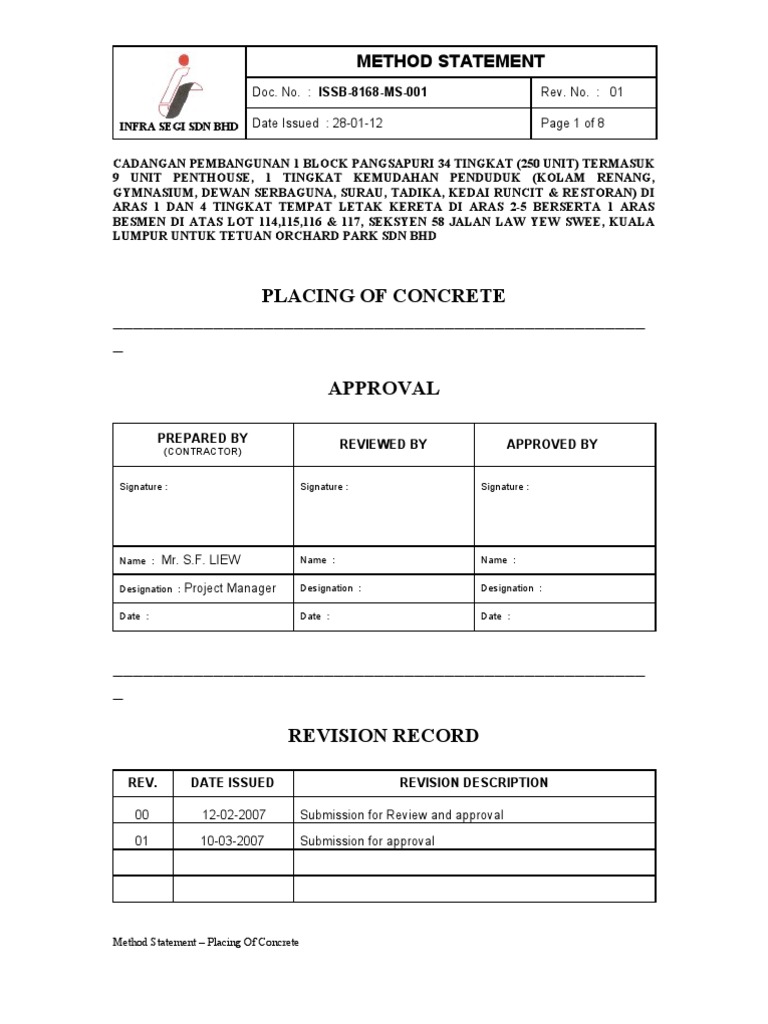 Concrete Pouring Method Statement | PDF | Concrete | Building Technology