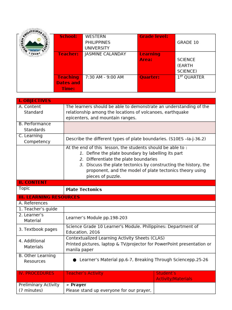 Jas FINAL LESSON PLAN - Plate Tectonics | PDF | Plate Tectonics | Earth ...