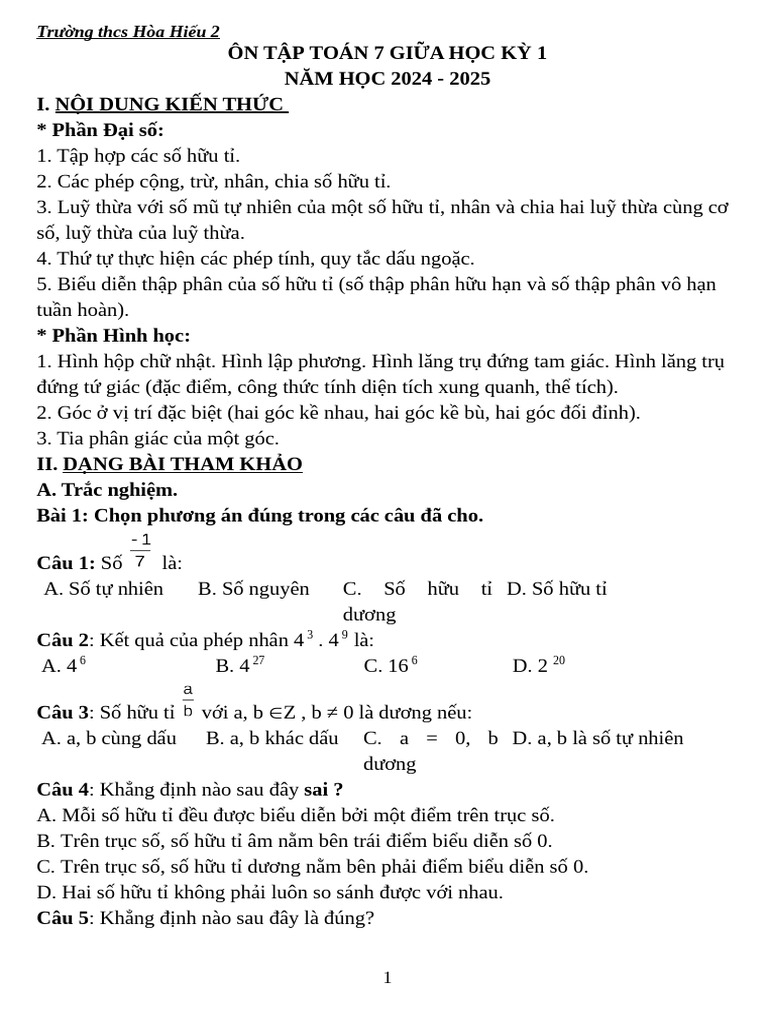 Đề Cương GK1 - Toán 7 | PDF