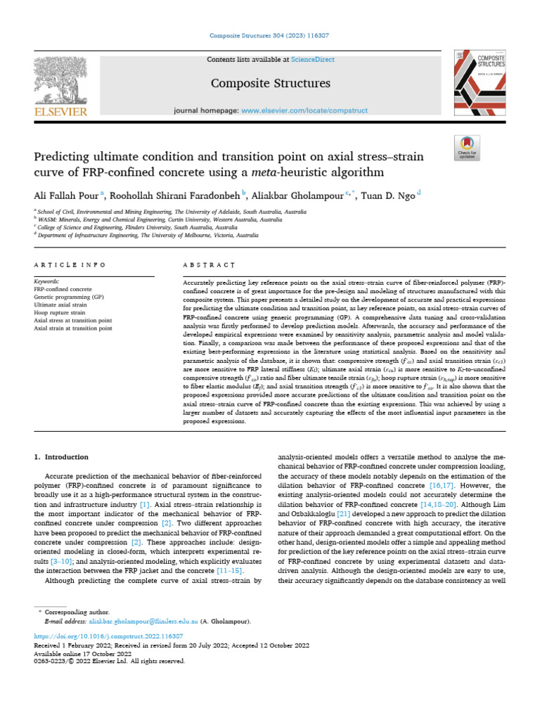 Predicting Ultimate Condition and Transition Point On Axial Stress-Strain Curve of FRP-confined ...