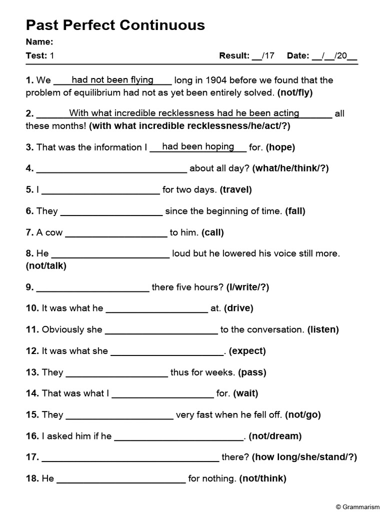Grammarism Past Perfect Continuous Test 1 1370421 | PDF