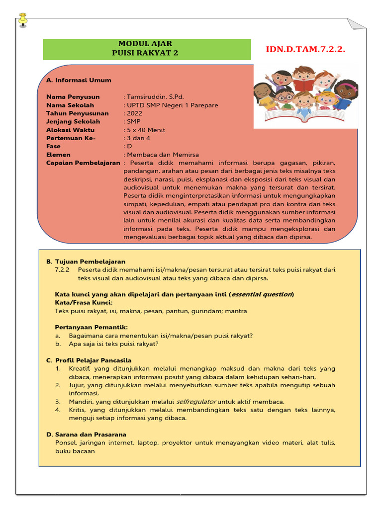 Modul Ajar Bahasa Indonesia - 722 Menjelaskan Isi Puisi Rakyat - Fase D ...