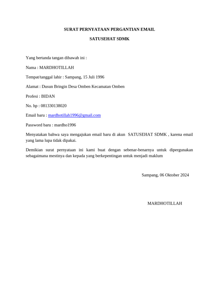 Surat Pernyataan Pergantian Email | PDF