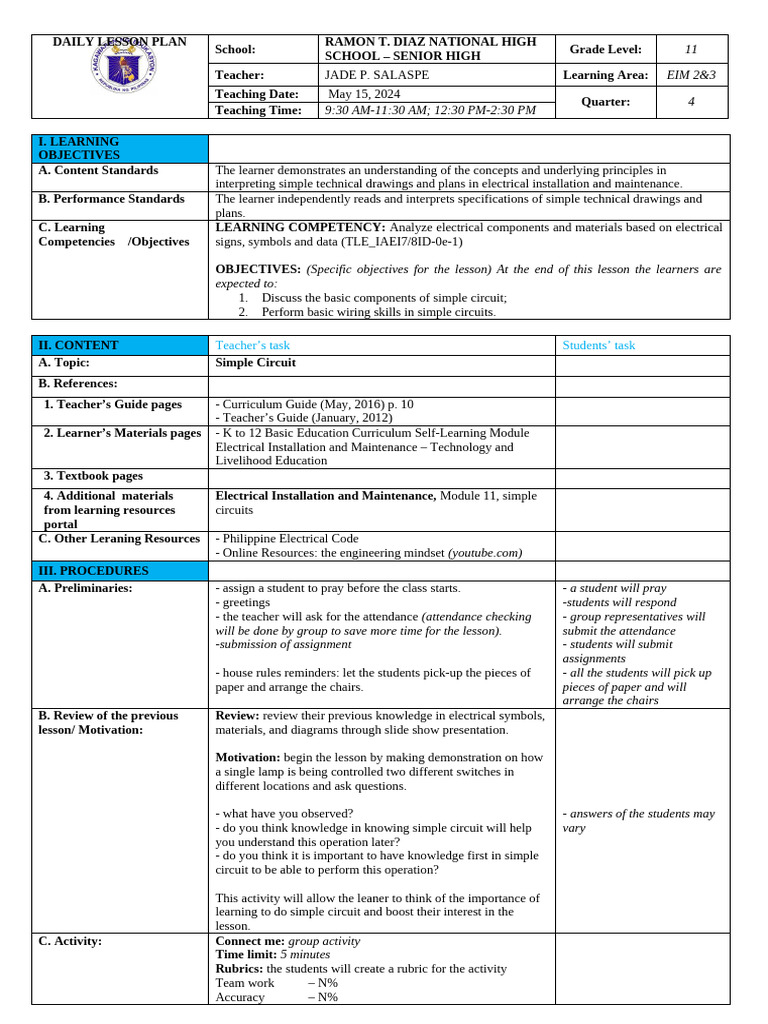 Co-4 DLP | PDF | Learning | Electricity