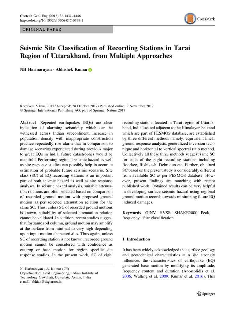 Harinarayan and Kumar2018-Geotech Geol Eng Terai UTK | PDF | Seismology ...