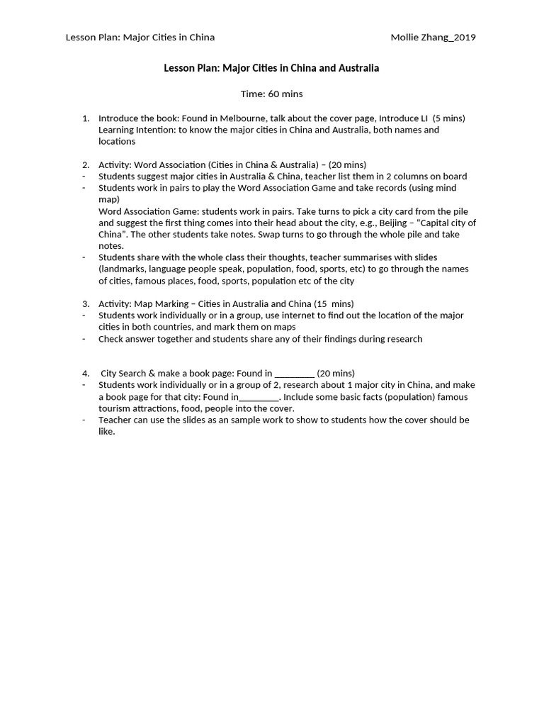 Lesson Plan - Major Cities in China and Australia | PDF | Language Arts ...