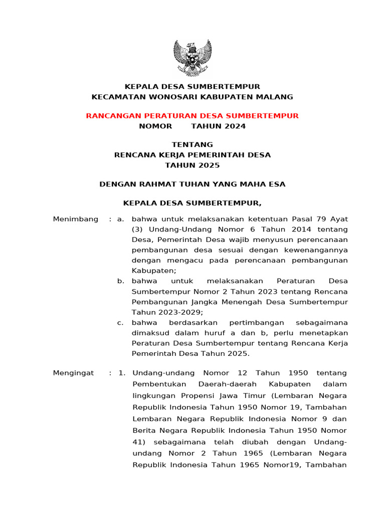 1.rancangan Peraturan Desa Tentang RKP Desa Tahun 2025 | PDF | Griya & Taman