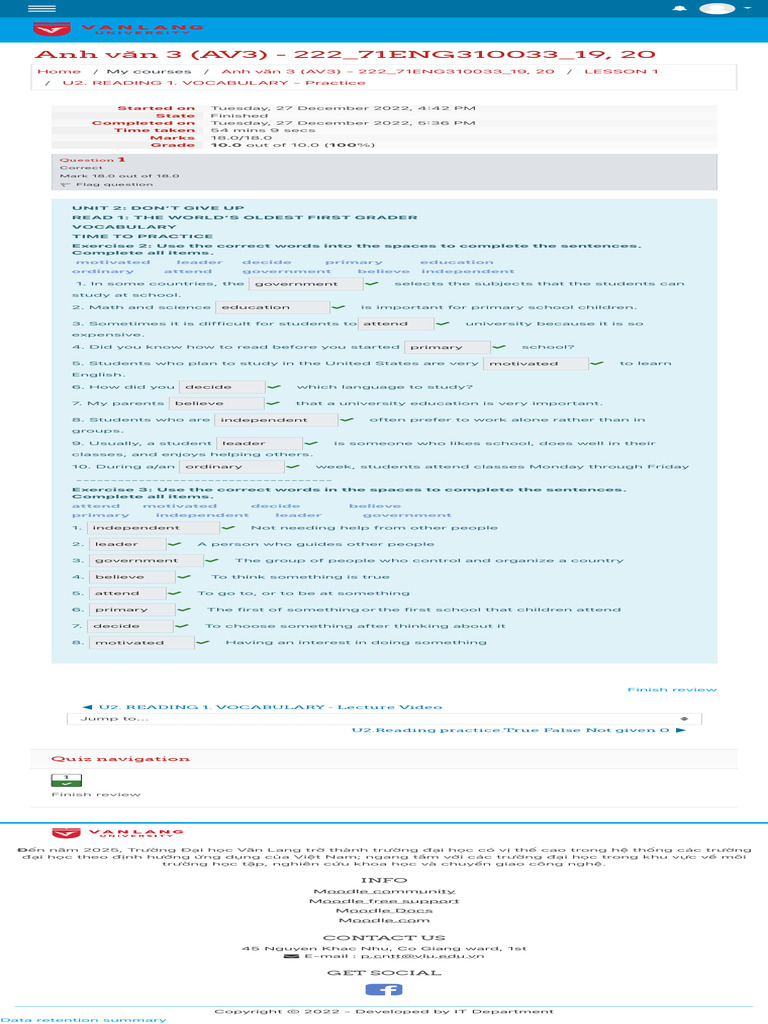 U2. READING 1. VOCABULARY Practice Attempt Review | PDF | Vocabulary | Vietnam