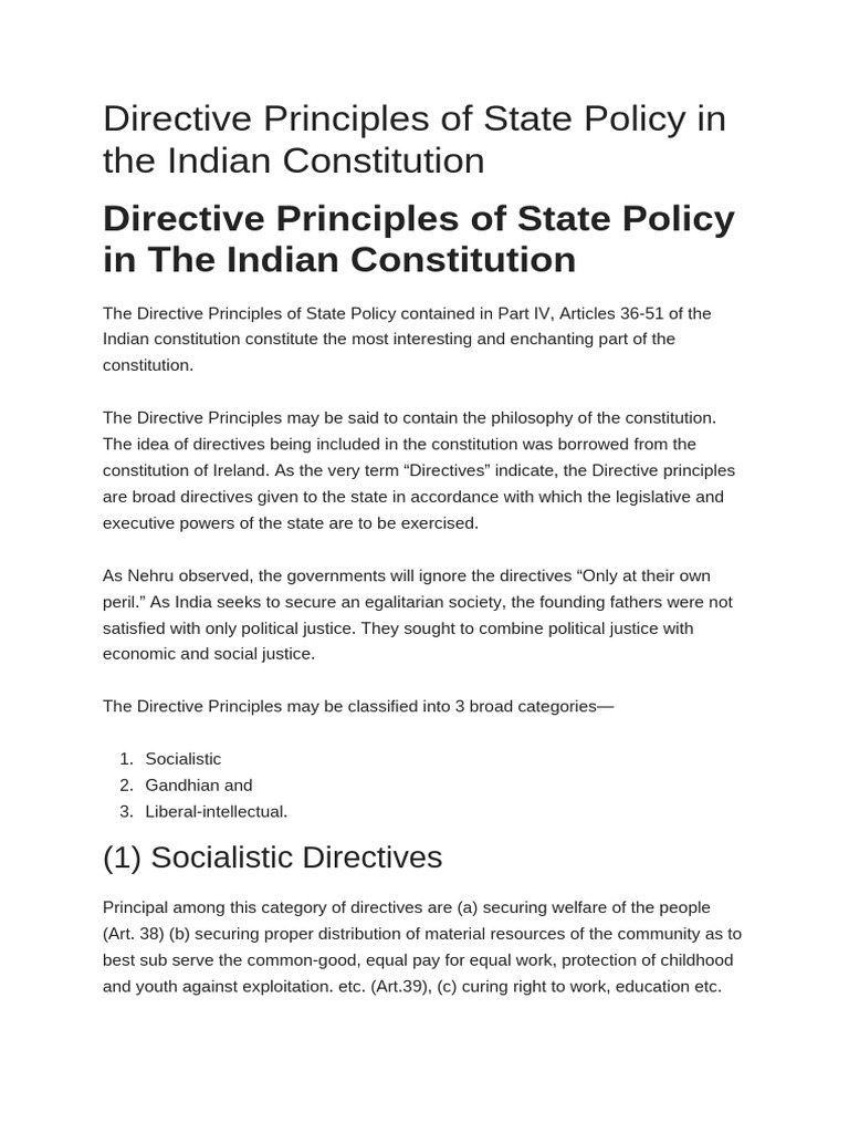 Directive Principles of State Policy in The Indian Constitution | PDF ...