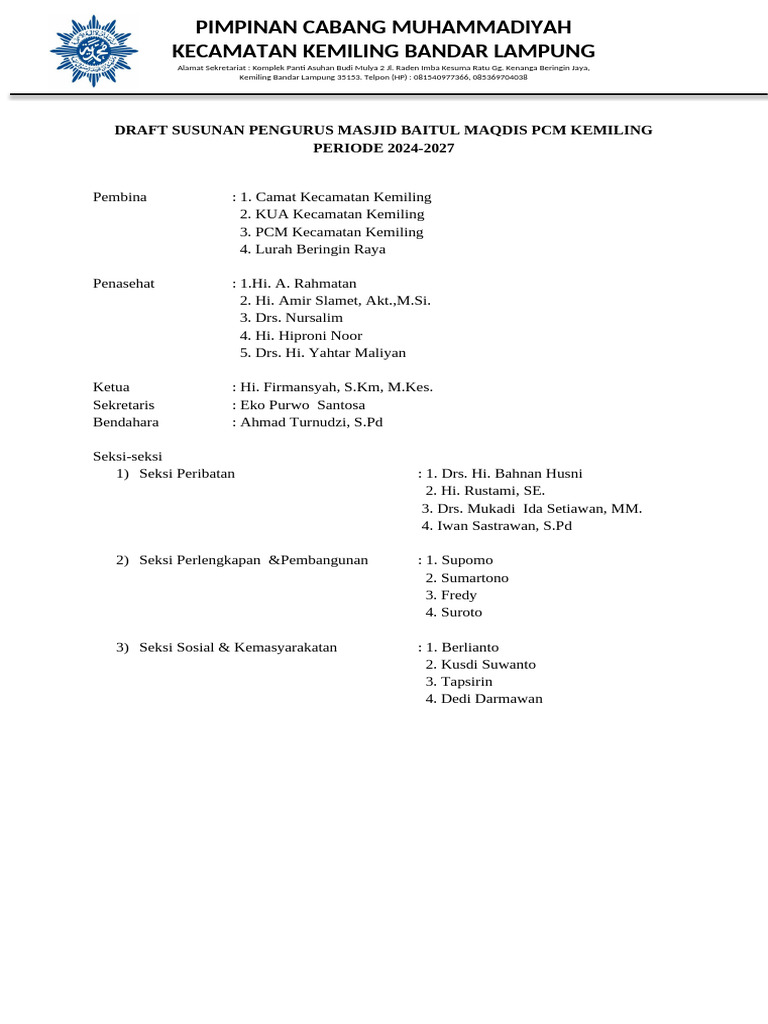 Draft Susunan Pengurus Masjid 2024-2027 | PDF