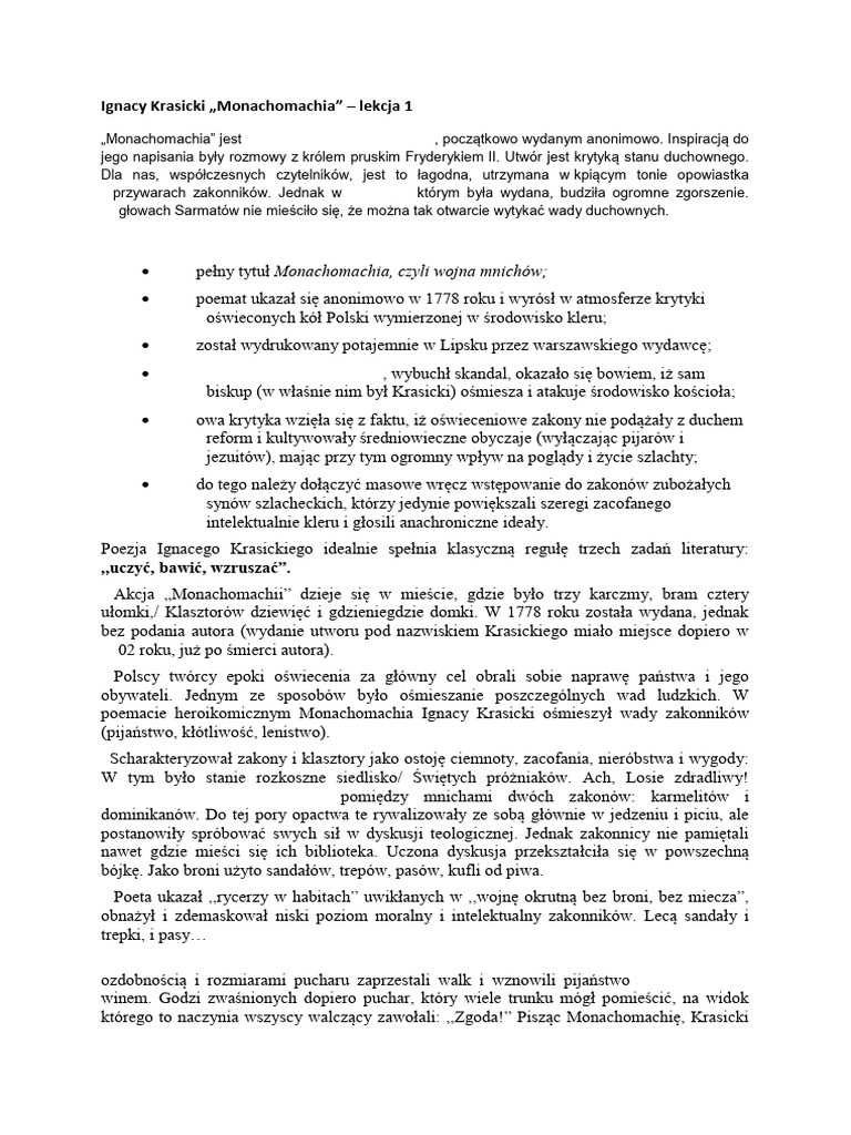 J.polski IIdLo 23.05.20 Krasicki Monachomachia1 | PDF