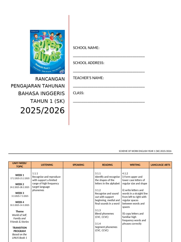 RPT English Year 1 SK 2025 2026 by Rozayusacademy Kump B | PDF ...
