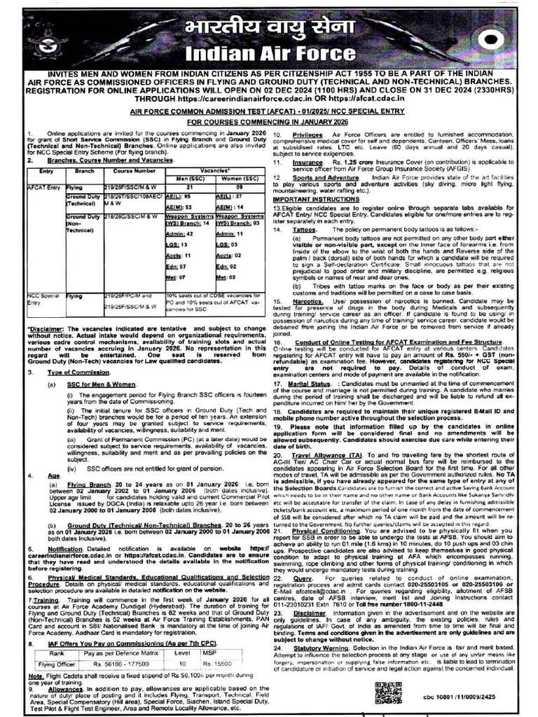Short Notification Indian Air Force AFCAT 01 2025 | PDF