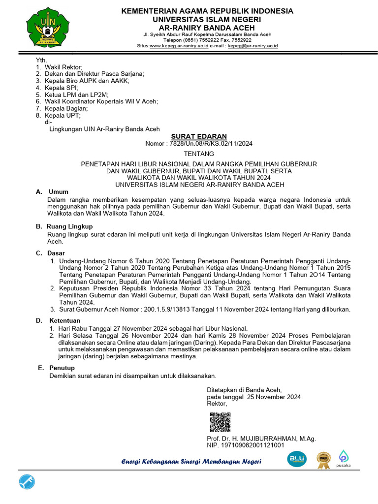 Edaran Libur Nasional Dalam Rangka Pilkada 2024 | PDF