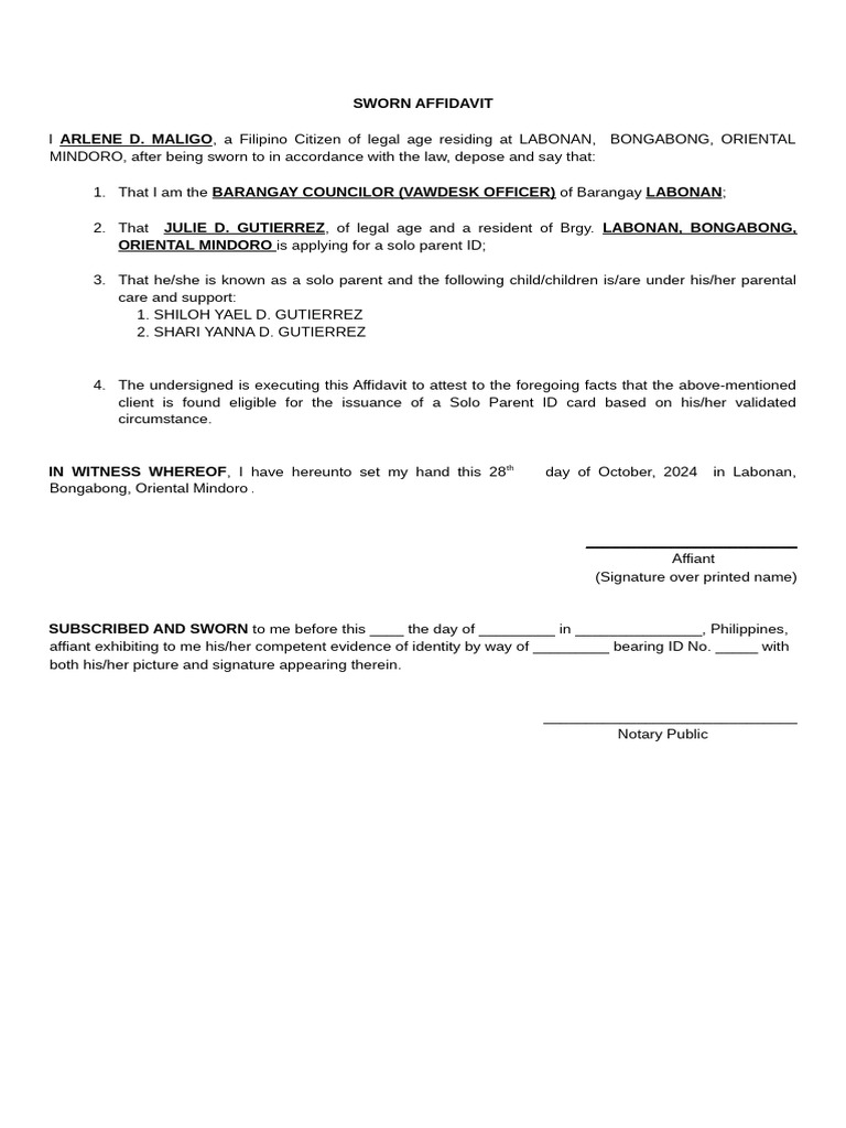 Sworn Affidavit of Barangay Official | PDF | Affidavit | Social Institutions