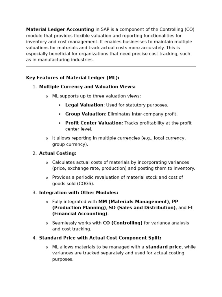 Material Ledger Accounting in SAP Is A Component of The Controlling ...