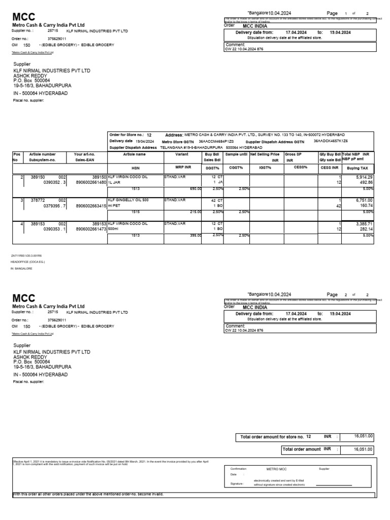 Metro Cash & Carry Order Details | PDF
