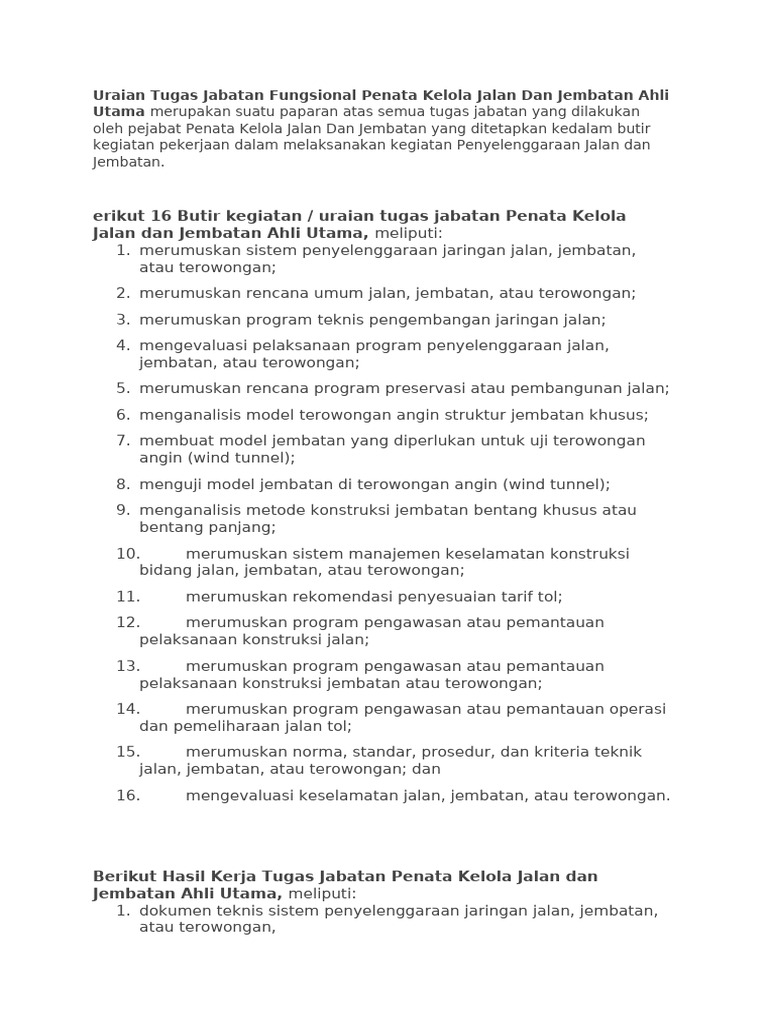 Tugas Jafung Penata Kelola Jalan Dan Jembatan Ahli Utama - DPUPR | PDF ...