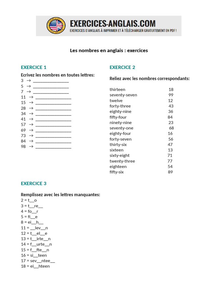 Exercices Nombres Anglais À Imprimer | PDF