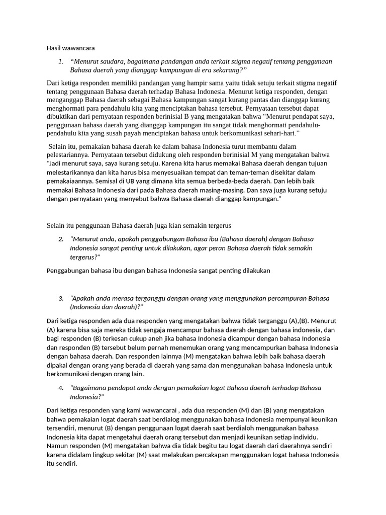 Hasil Wawancara Bahasa Indonesia BAB Pembahasan | PDF | Seni & Disiplin Bahasa