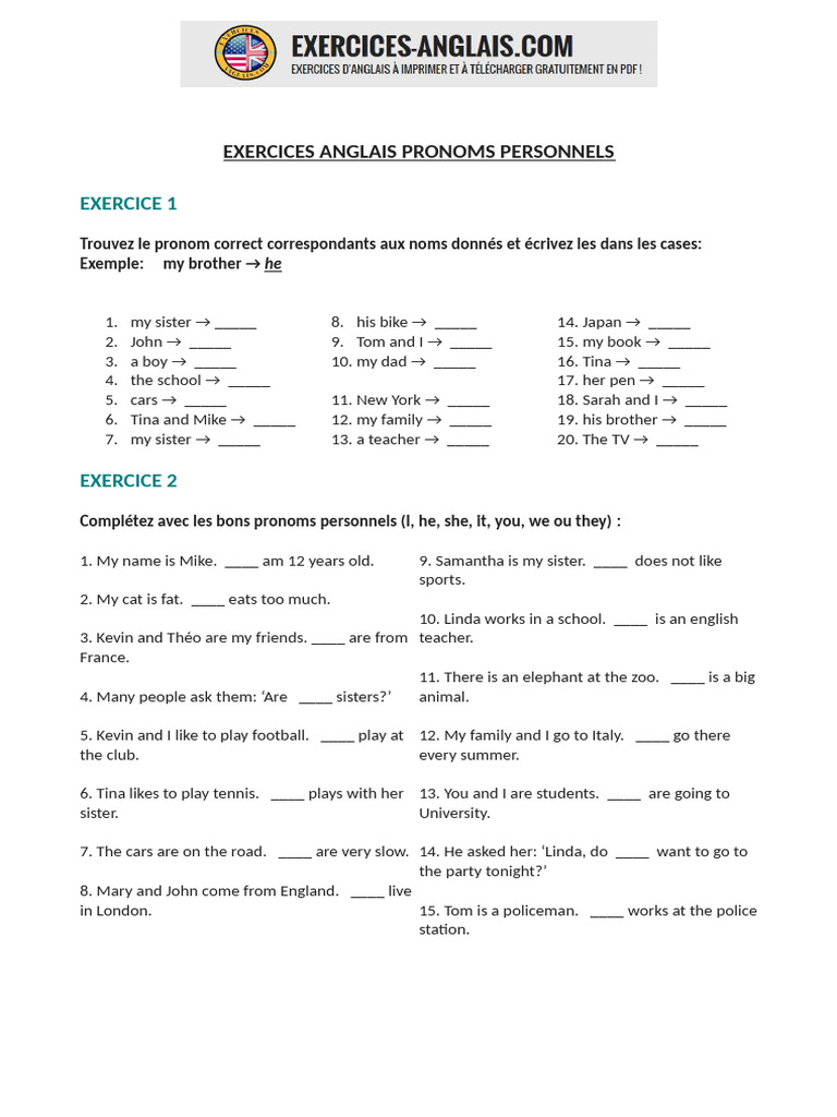 exercices-anglais-pronoms-personnels | PDF