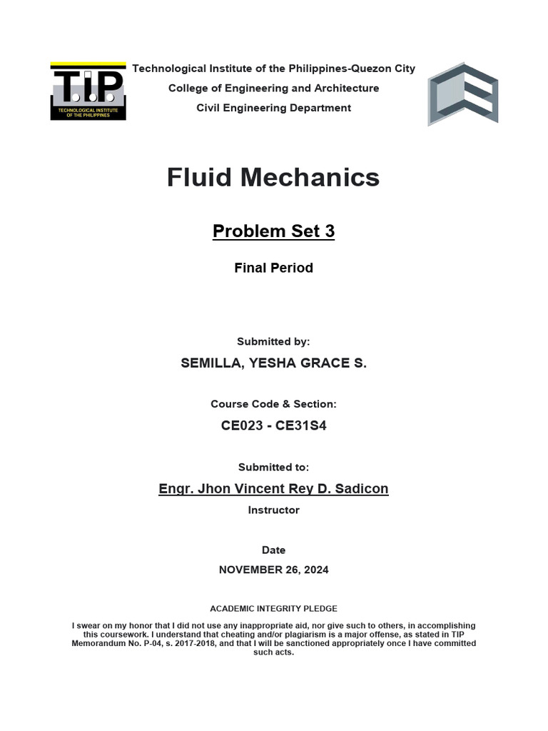 Fluid Mechanics Problem Set 3 Submission | PDF